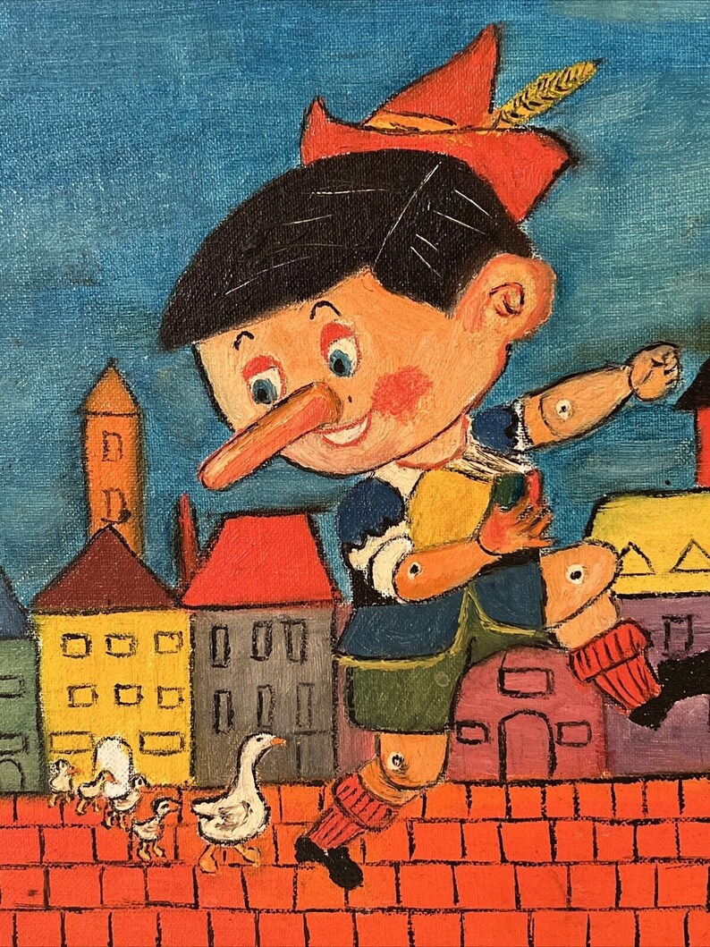 Vintage Original Pinocchio Oil Painting With Ducks, 1960s, Folk Art ...