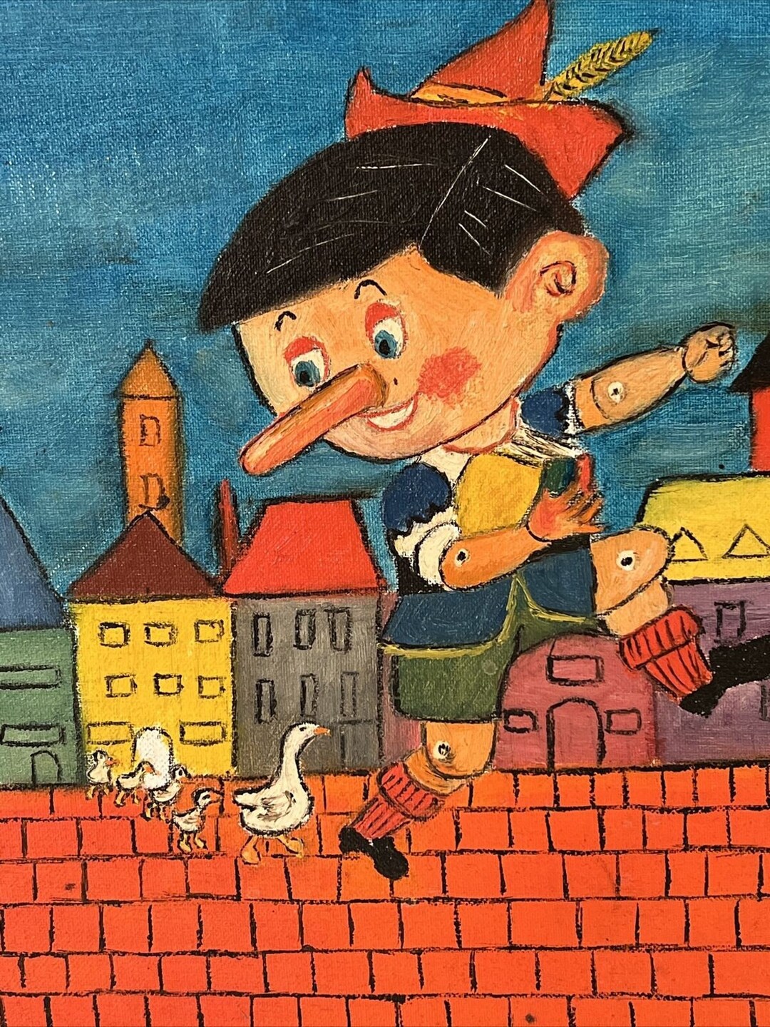 Vintage Original Pinocchio Oil Painting With Ducks, 1960s, Folk Art ...