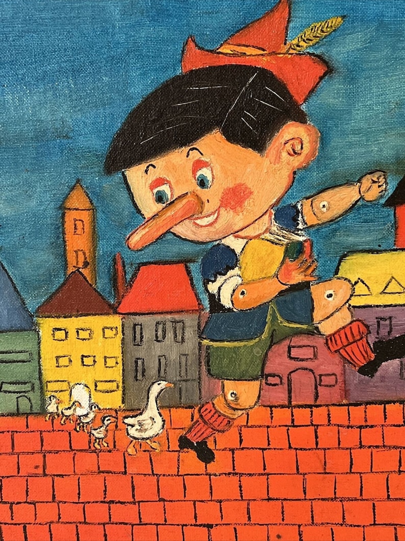 Vintage Original Pinocchio Oil Painting With Ducks, 1960s, Folk Art ...