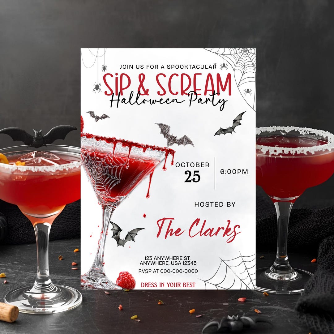 Sip & Scream Halloween Party Invitation | Editable Spooky Cocktail ...
