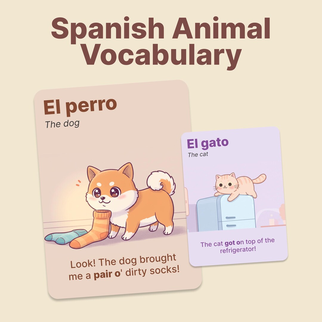 Cute Spanish Animal Vocabulary Flashcards Printable | Mnemonic Learning ...