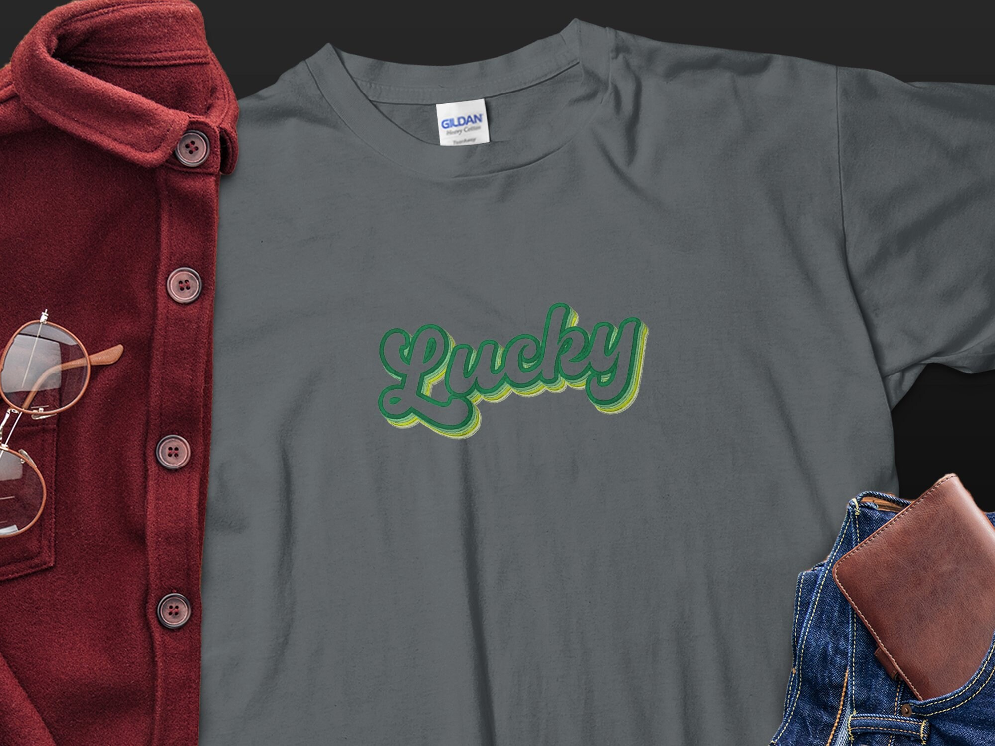Embroidered Lucky Script Embroidered T-shirt, Green and White ...