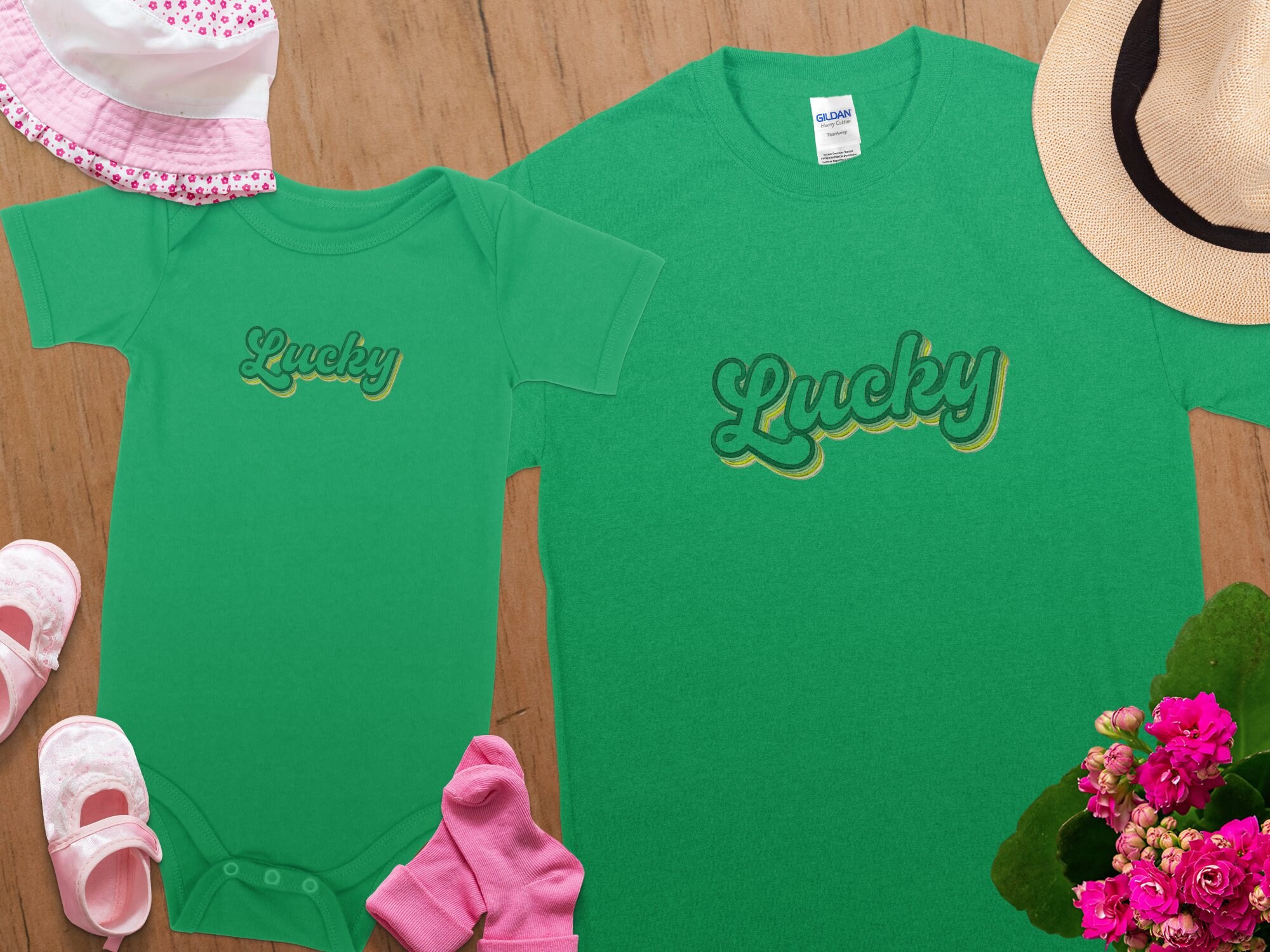 Embroidered Lucky Script Embroidered T-shirt, Green and White ...