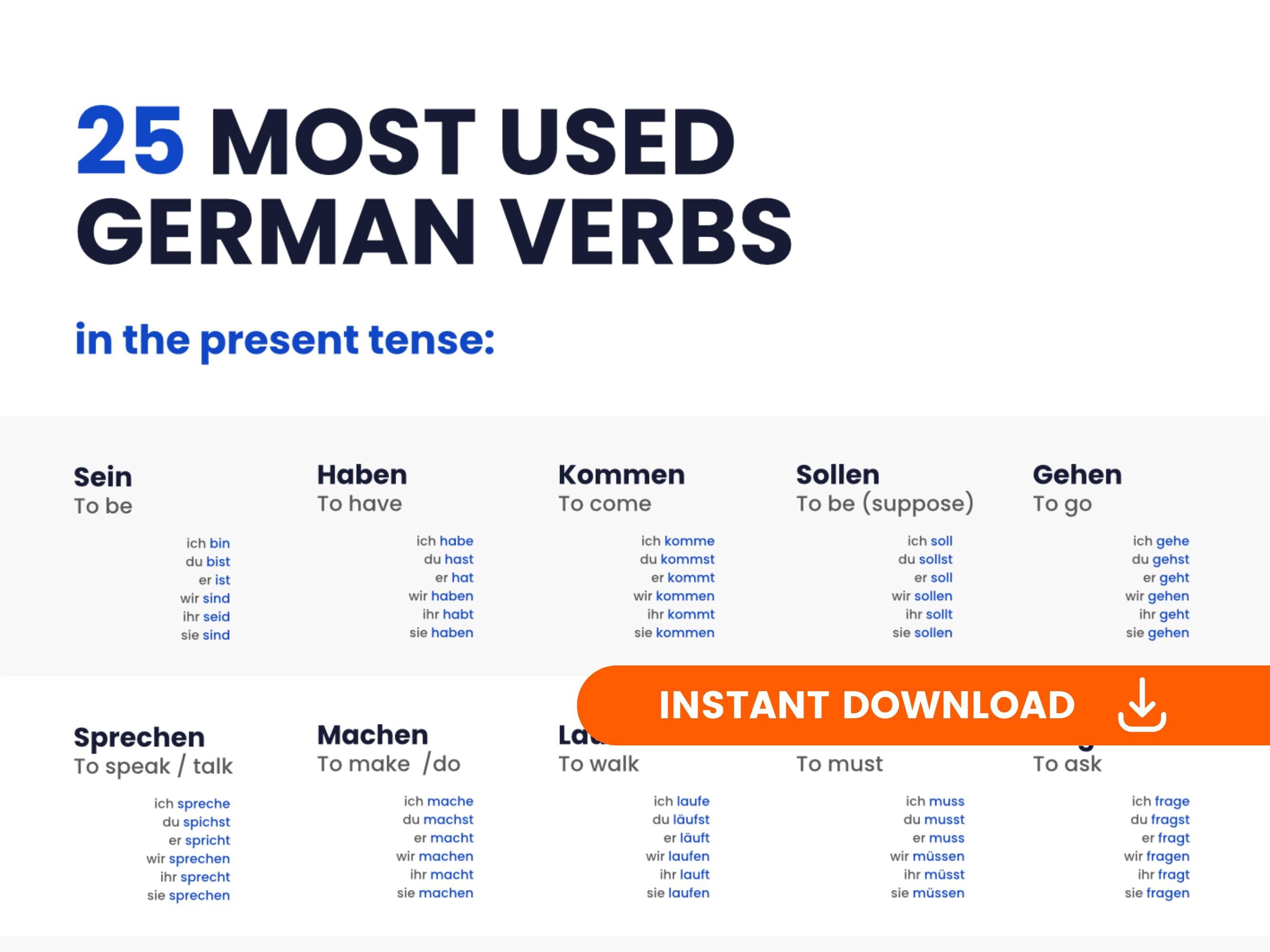 25 Most Used German Verbs in the Present Tense - Etsy