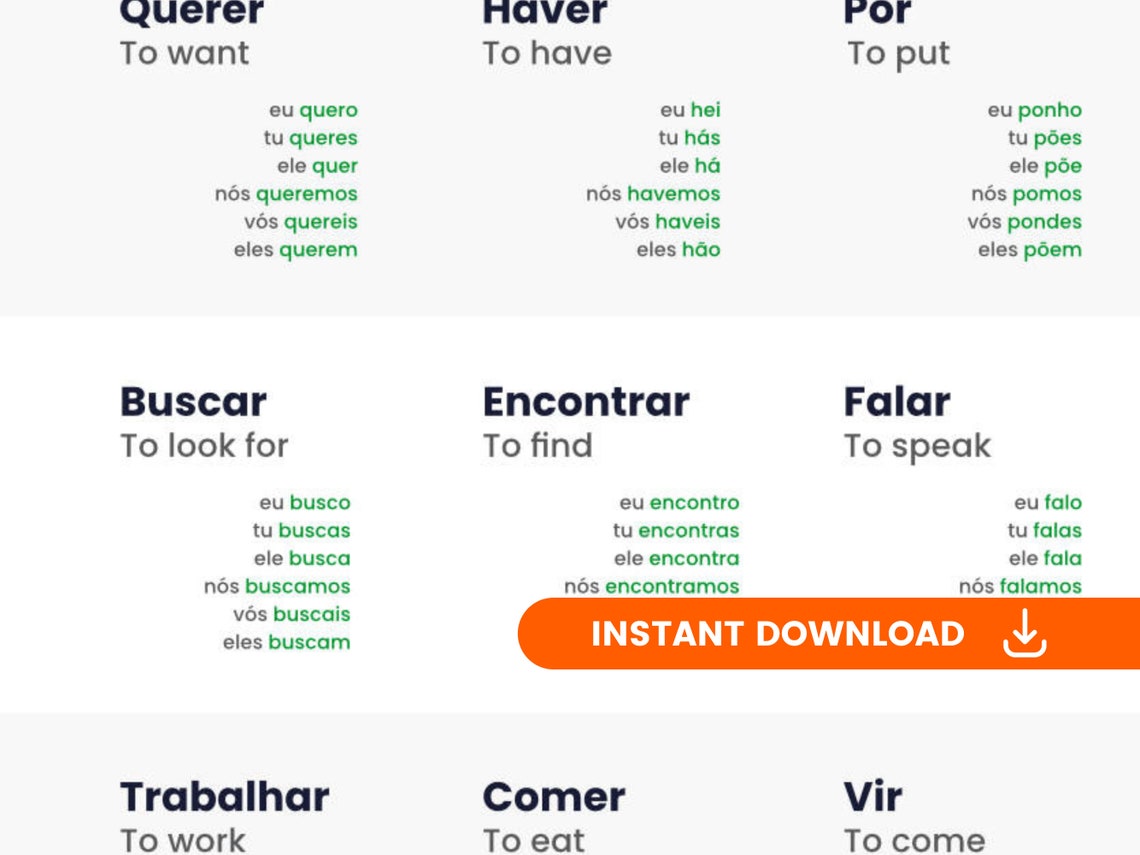 25 Most Used Portuguese Verbs in the Present Tense - Etsy