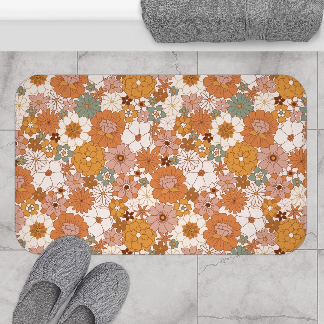 Aesthetic Bath Mat Orange Boho Flower Shower Mat Groovy 70s - Etsy