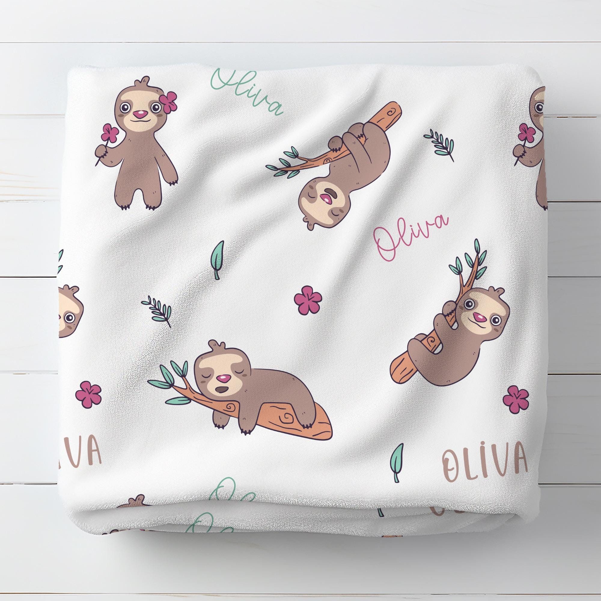 Cute Sloth Baby Blanket for Girls, Personalized Floral Sloth Baby ...