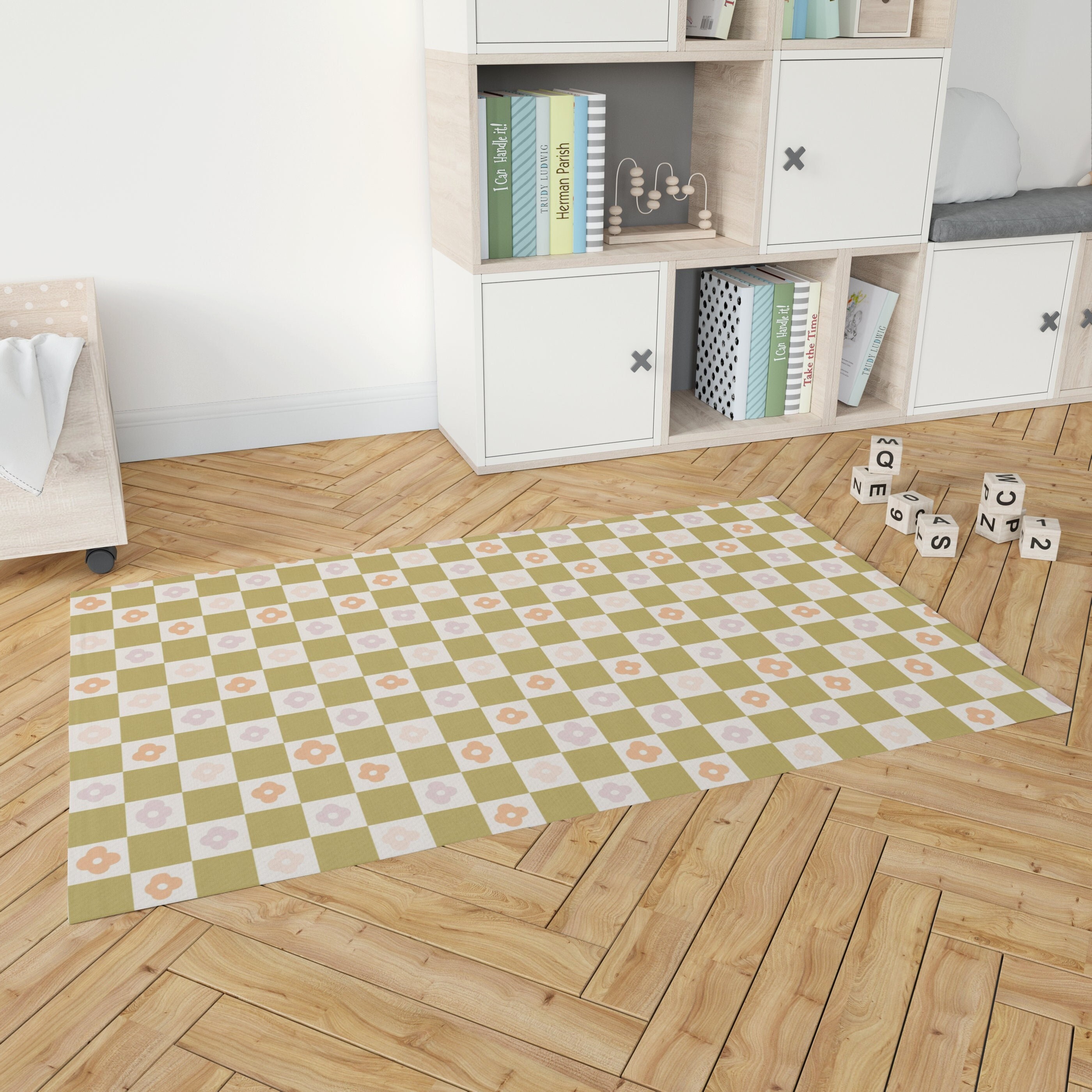 Green Checkered Daisy Nursery Rug, Girls Room Rug, Kids Play Rug, 70s ...