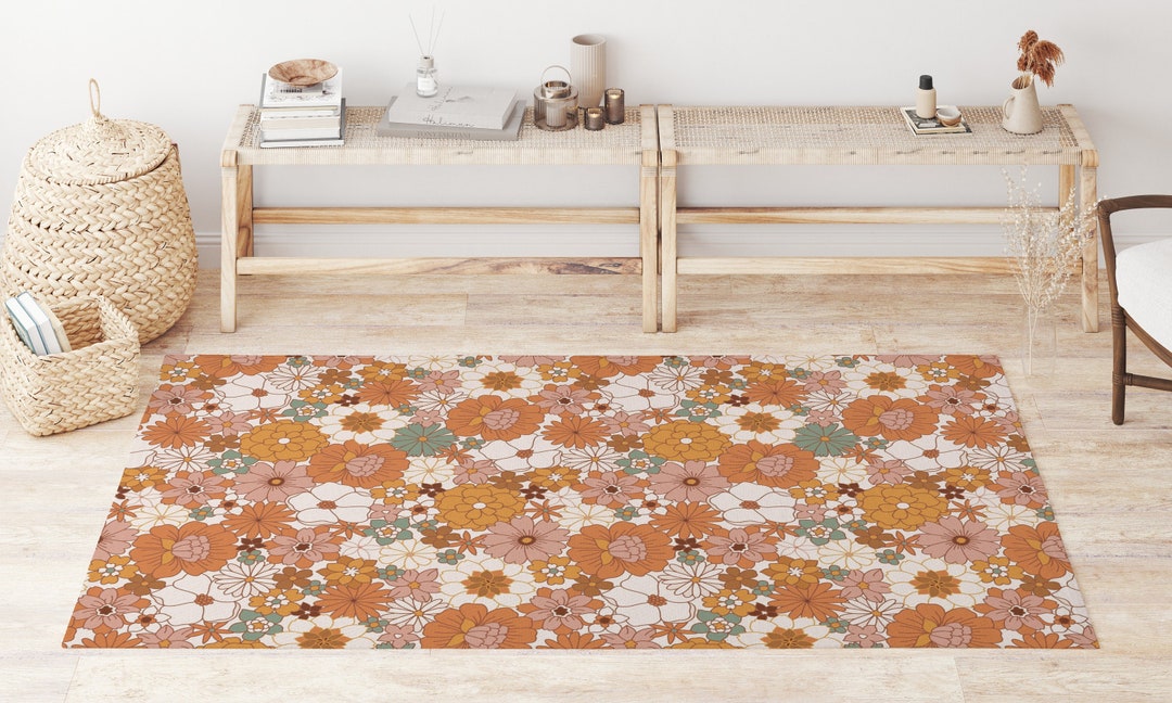 Aesthetic Boho Floral Nursery Rug, Groovy Flower Rug, Orange Daisy ...