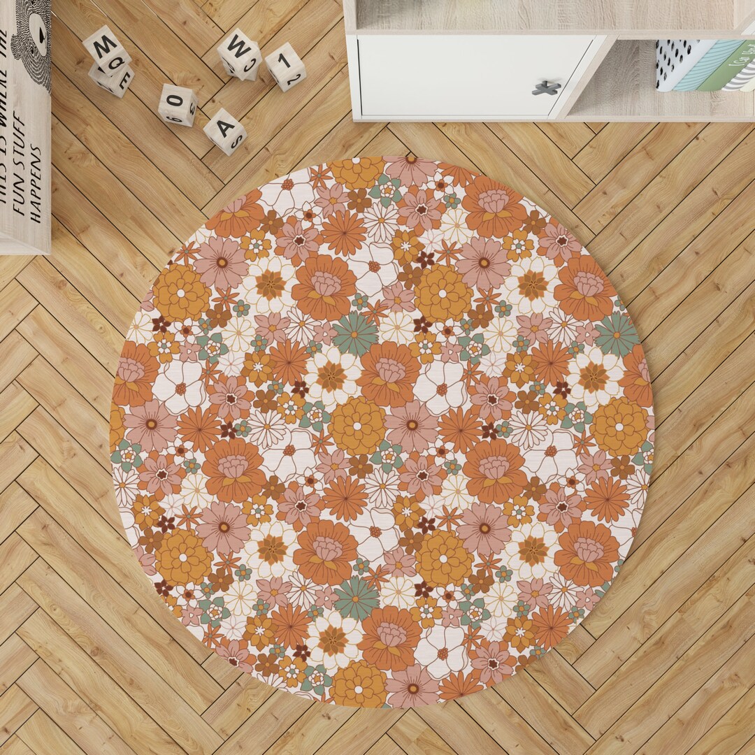 Groovy Boho Floral Round Nursery Rug , Girls Room Rug, Aesthetic Flower ...