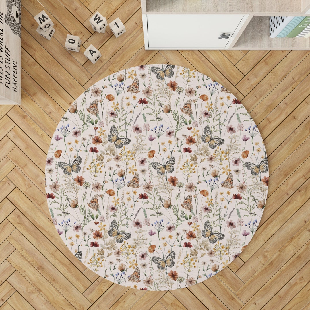 Wildflower Butterfly Round Nursery Rug Girls, Aesthetic Rug for Bedroom ...