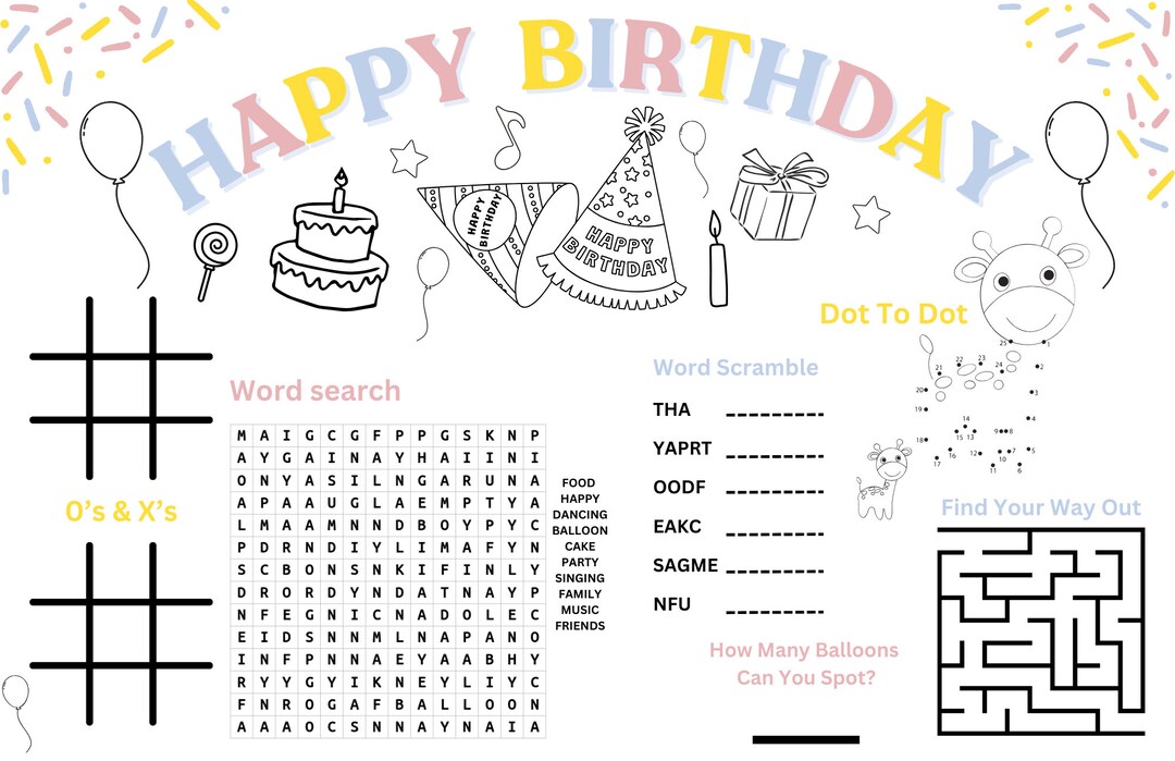 Birthday Coloring Placemat | Printable Birthday Party Coloring Page ...