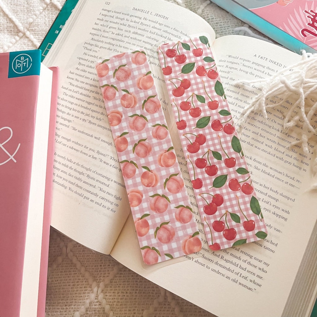 Pastel Pink Fruits Cherries & Peaches Bookmark Set | Handmade Laminated ...