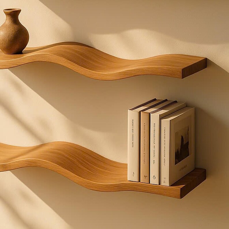 Wavy Floating Shelves Live Edge Wood Bookshelves Book Shelves on Wall ...