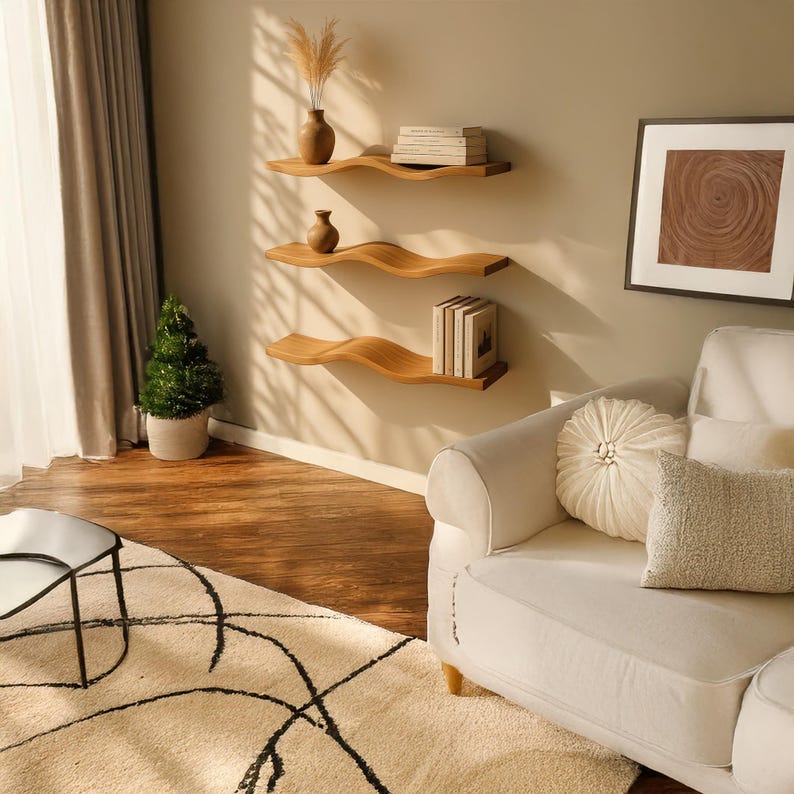 Wavy Floating Shelves Live Edge Wood Bookshelves Book Shelves on Wall ...