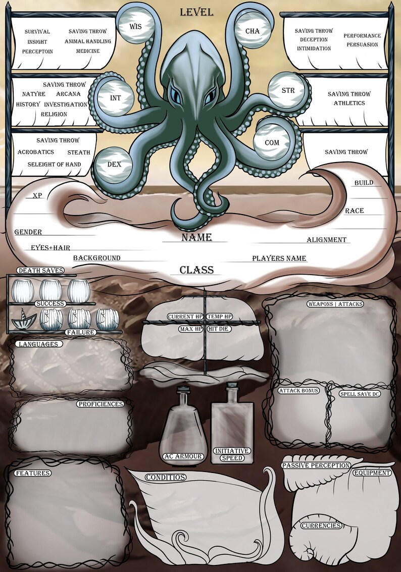 Kraken Dnd Character Sheet 5e Backgrounds Character - Etsy India