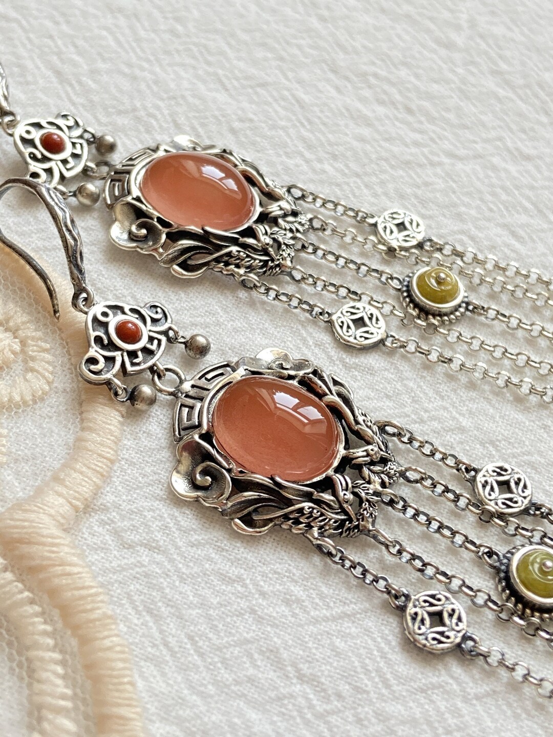 Natural Nanhong Agate Earrings•925 Silver Earrings•tassel Earrings ...