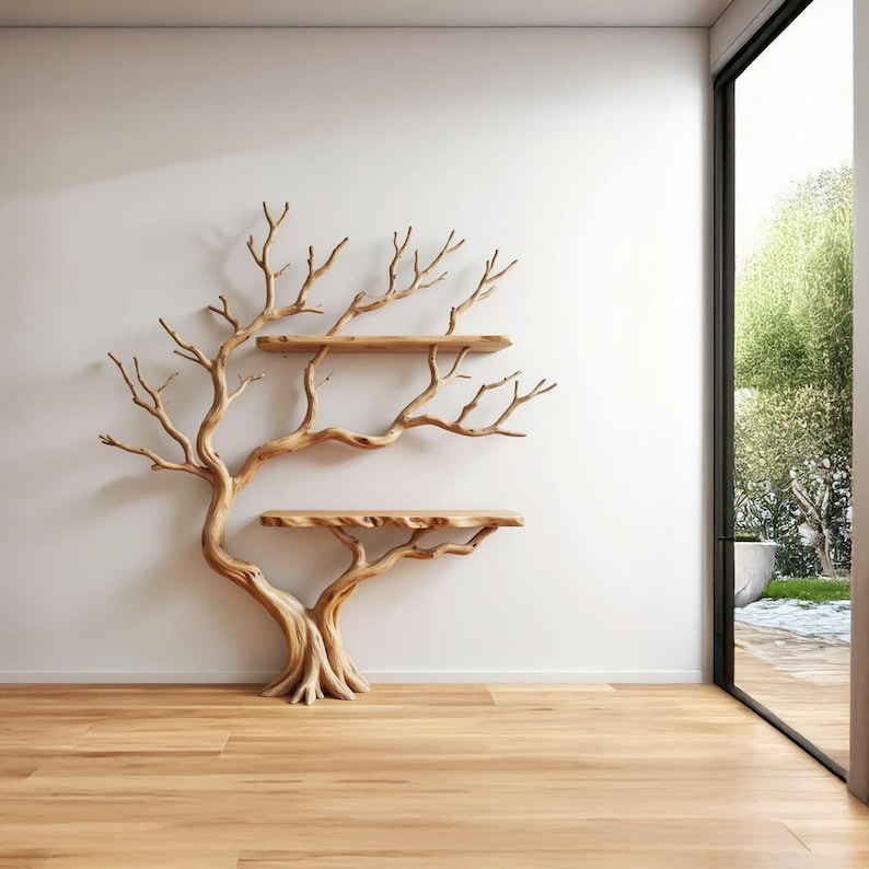 Natural Driftwood Shelf Tree Branch Bookshelf Solid Wood Bookcase Art ...