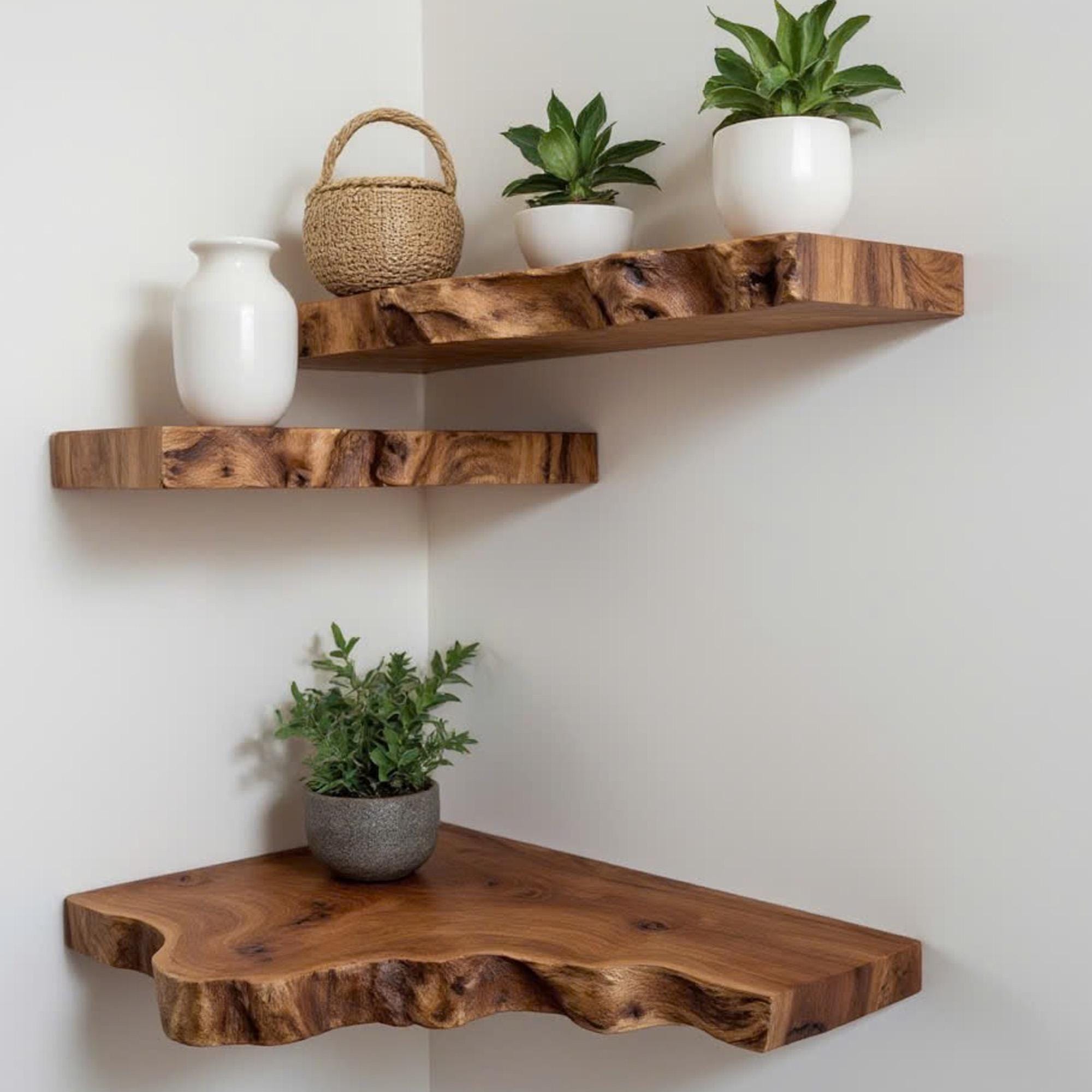 Live Edge Corner Shelf Solid Wood Floating Shelves on Wall Handcarved ...