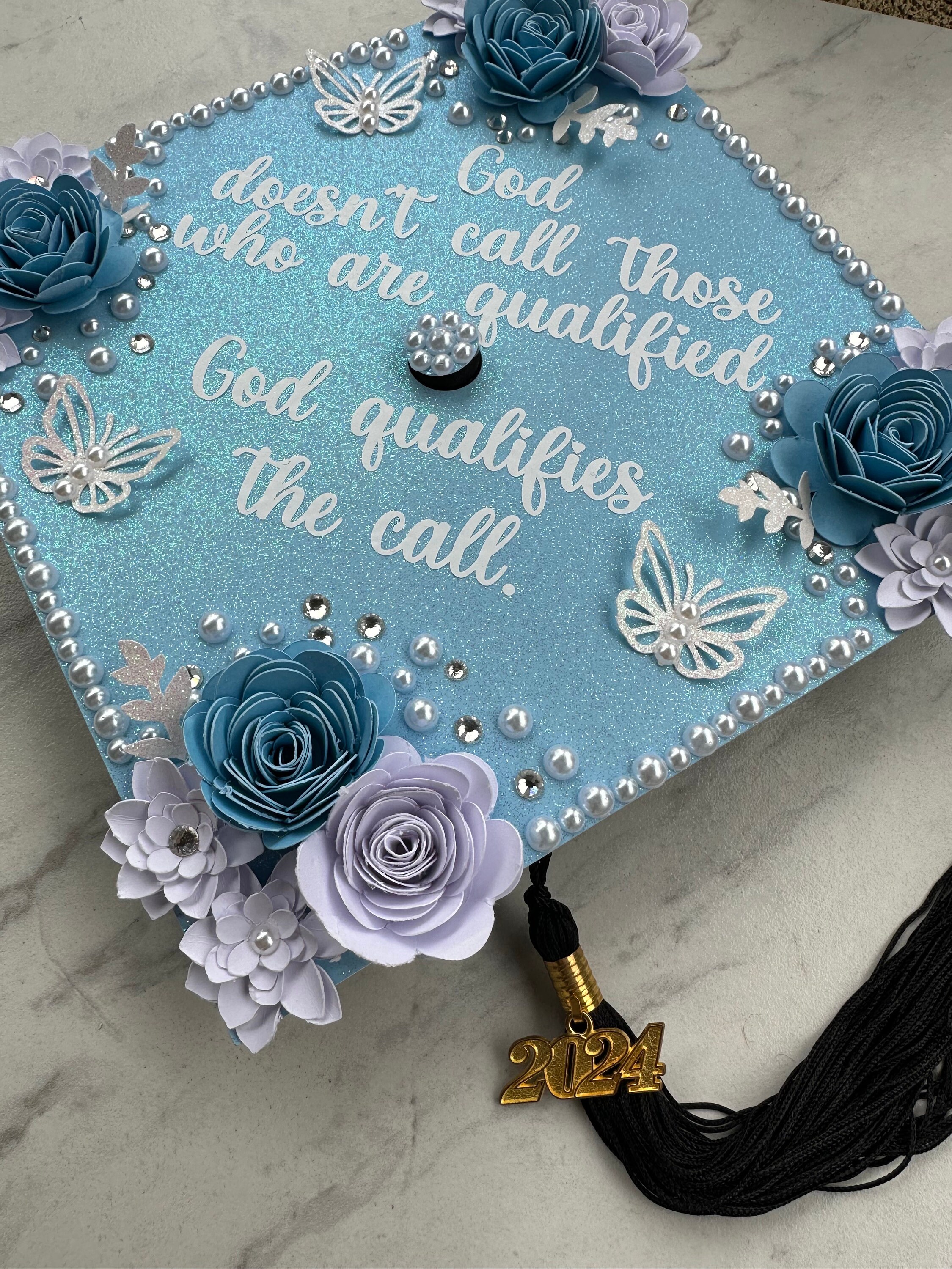 Baby Blue and White Flower Graduation Topper, Baby Blue Grad Cap, Blue ...