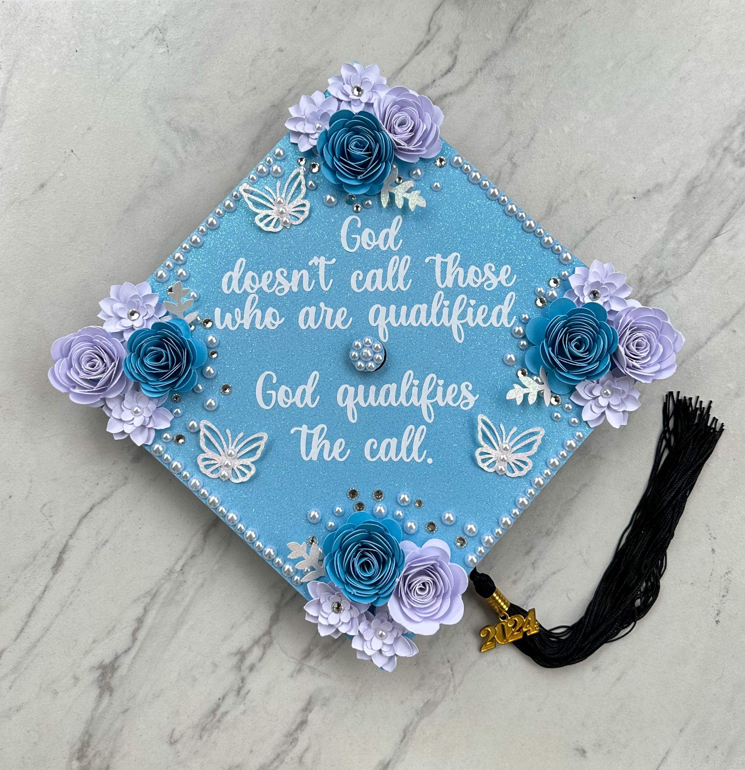 Baby Blue and White Flower Graduation Topper, Baby Blue Grad Cap, Blue ...