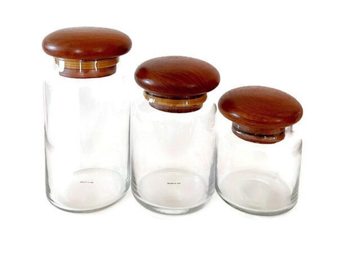 Vintage Canister Set, Glass Storage Jars, Teak Wood Lids, Made in ...