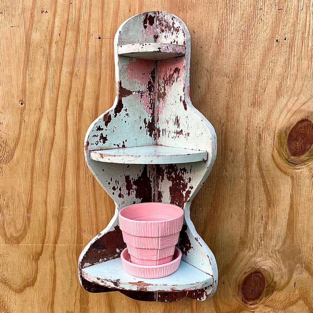 Vintage 3-tier Wood Corner Shelf, Chippy Blue Pink Paint, Rustic Farm ...