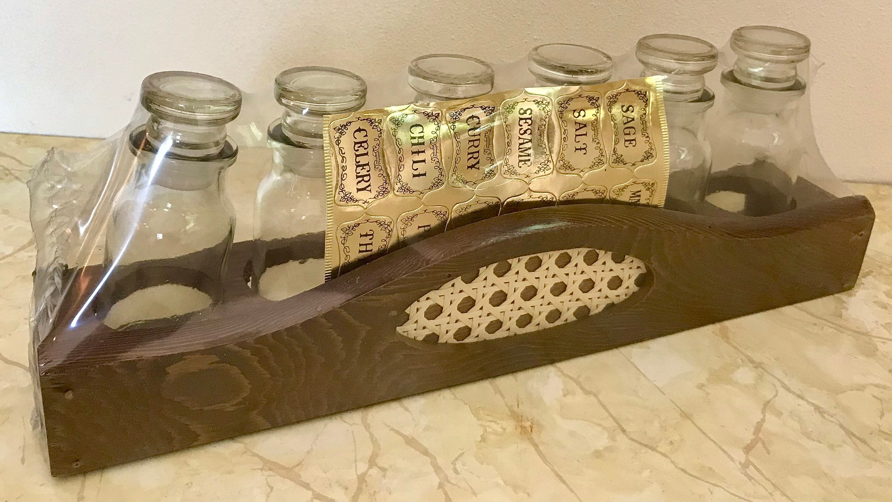 Vintage Spice Rack, Wood Wicker Shelf, Glass Jars Labels, NOS Deadstock ...