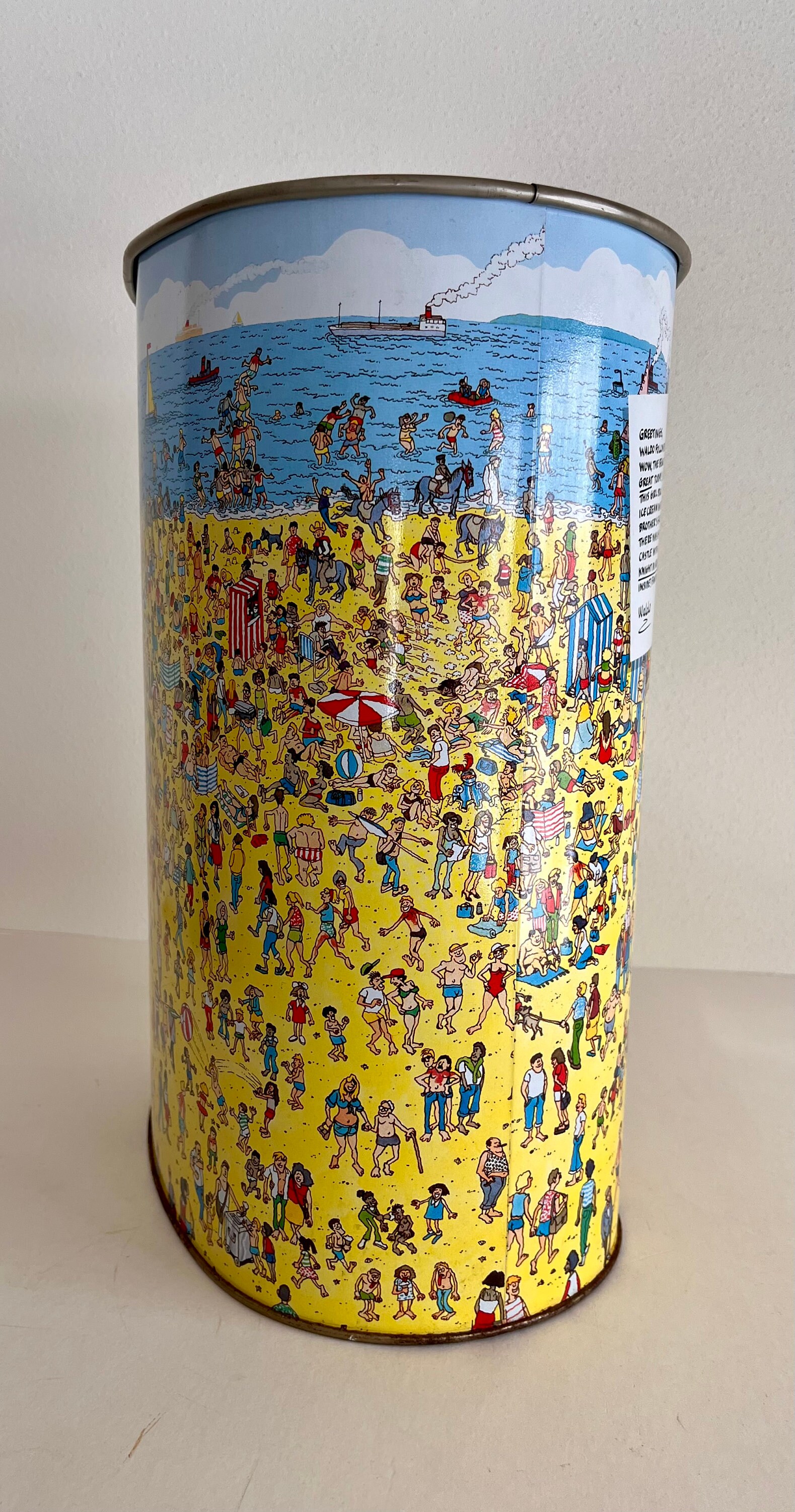 Vintage Trash Can, 1990s Wheres Waldo, on the Beach, Metal Waste Basket ...