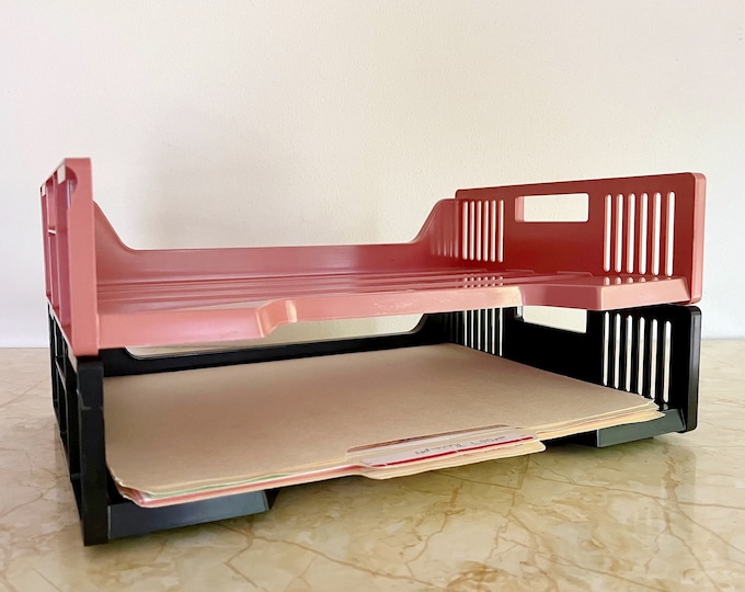 Vintage File Organizer, in Out Baskets, Stacked Paper Trays, Mauve ...