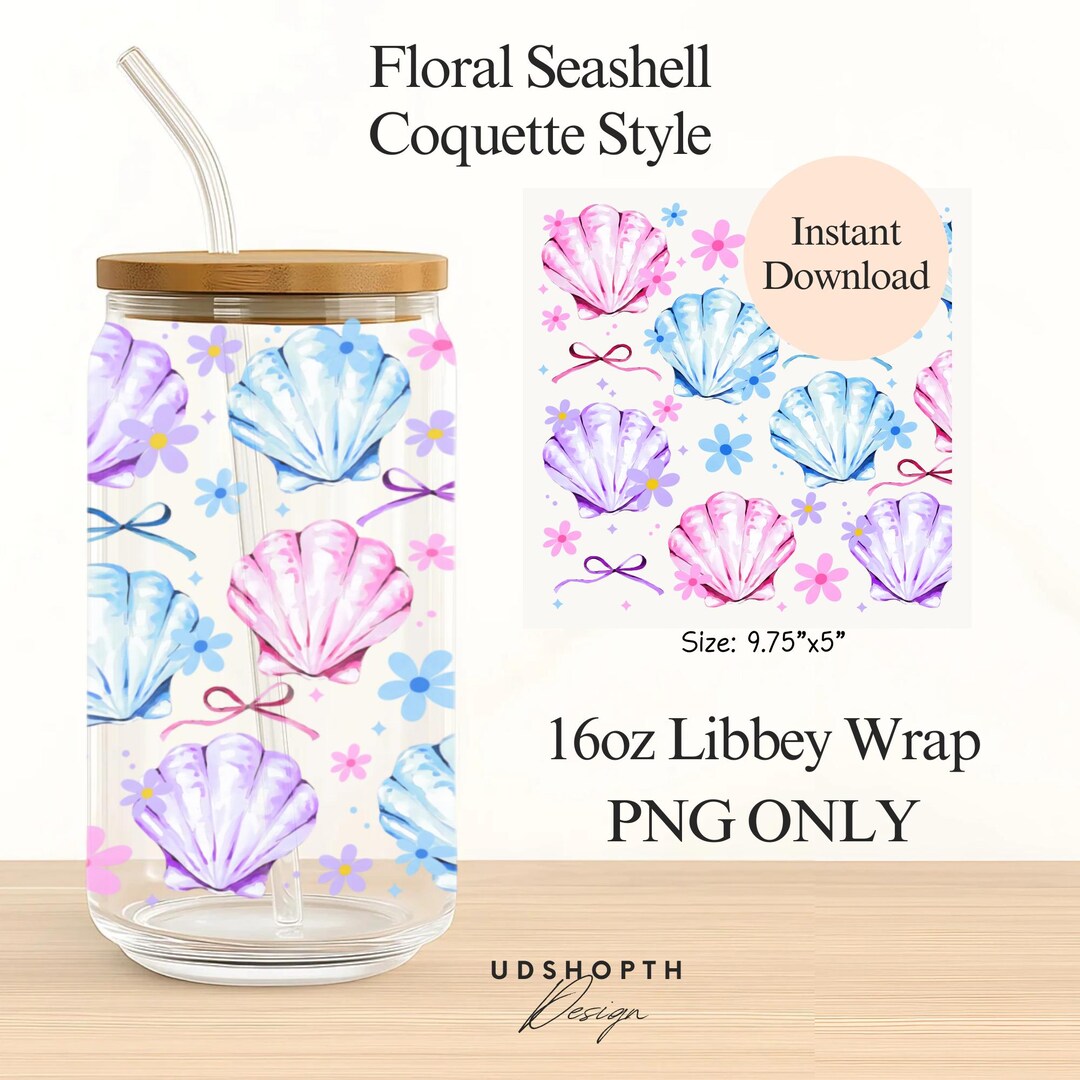 16oz Libbey Glass Can Wrap PNG, Floral Seashell Libbey Glass Wrap PNG ...