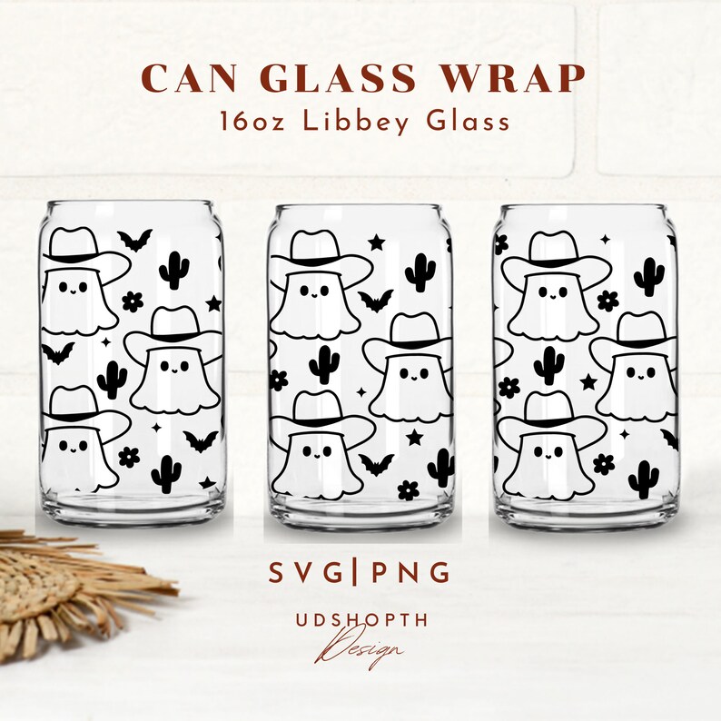 Cute Ghost 16oz Glass Can Wrap Svg, Western Halloween, Retro Halloween ...