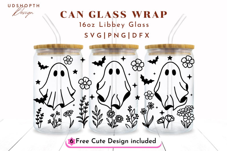 Ghost Floral Svg, Halloween Glass Can Svg, 16oz Libbey Can Glass Svg ...