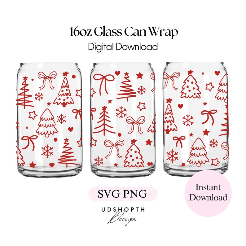Christmas Doodles Glass Can Wrap Svg, Christmas Tree Bow Snowflake 16oz ...