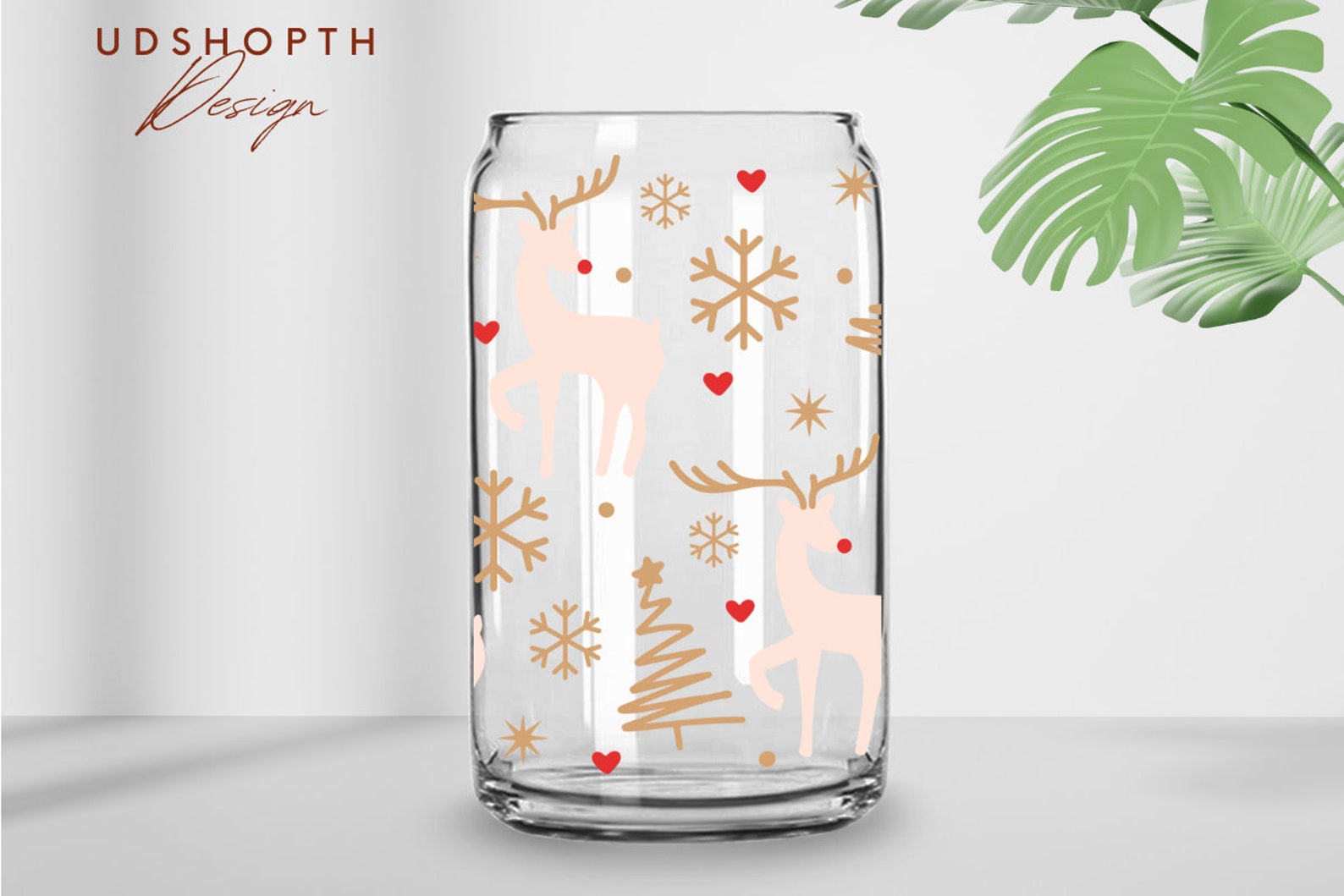 Christmas Reindeer With Christmas Tree Can Glass Svg, 16oz Libbey Full ...