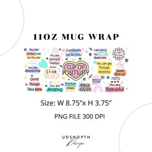 Cup of Positivity Mug PNG, 11oz Mug Wrap for Sublimation, Self Care Png ...
