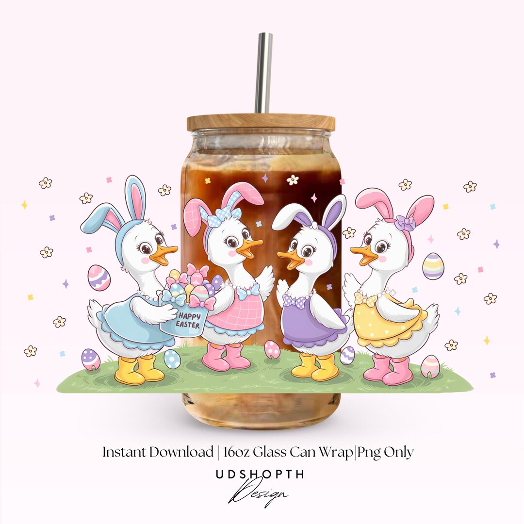 Easter Goose Bunny Ears 16oz Glass Can Wrap Png, Cute Easter Cup, Happy ...