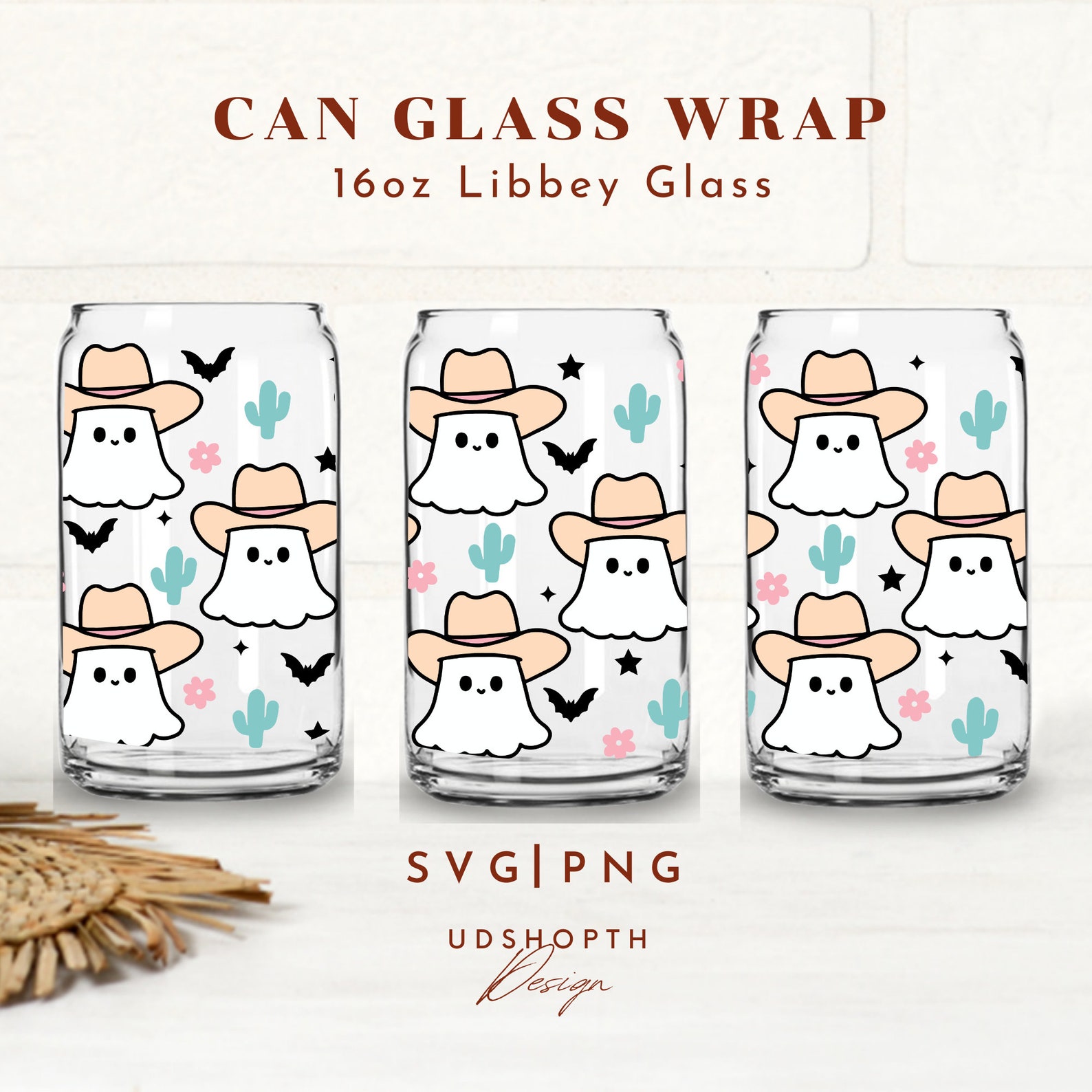 Cute Ghost 16oz Glass Can Wrap Svg, Western Halloween, Retro Halloween ...