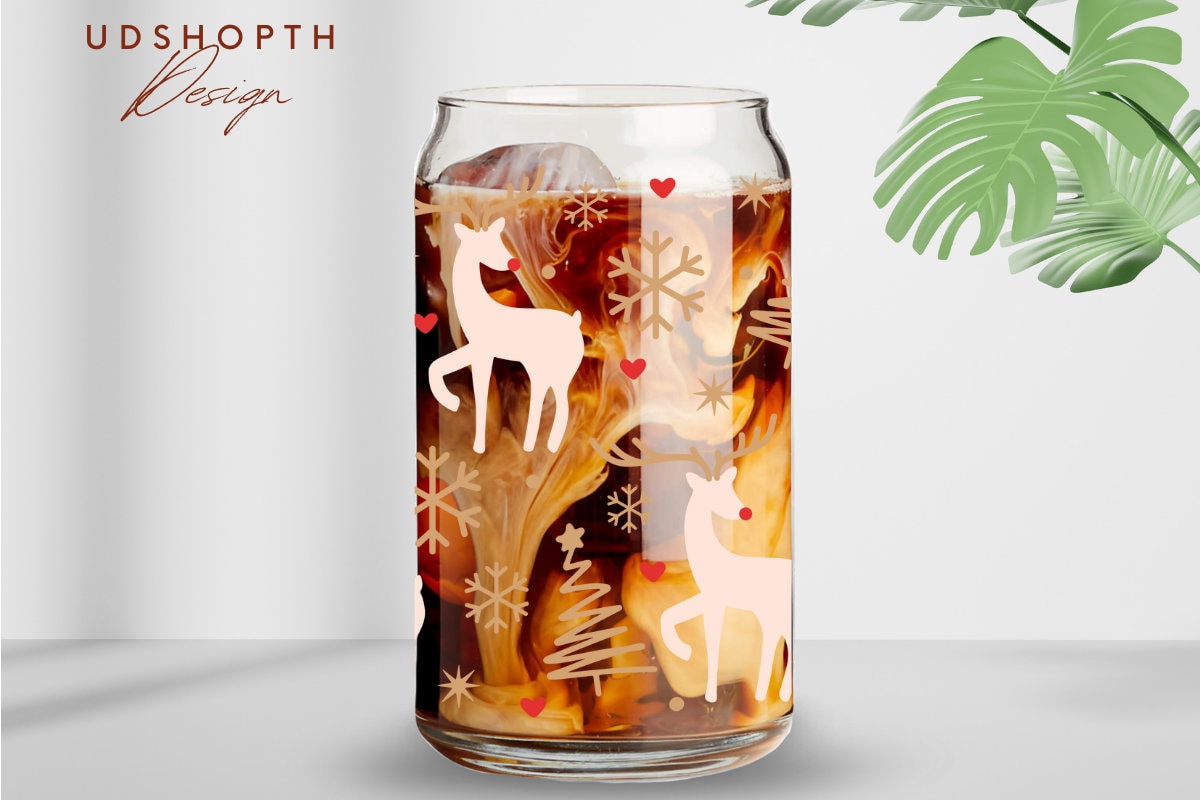Christmas Reindeer With Christmas Tree Can Glass Svg, 16oz Libbey Full ...