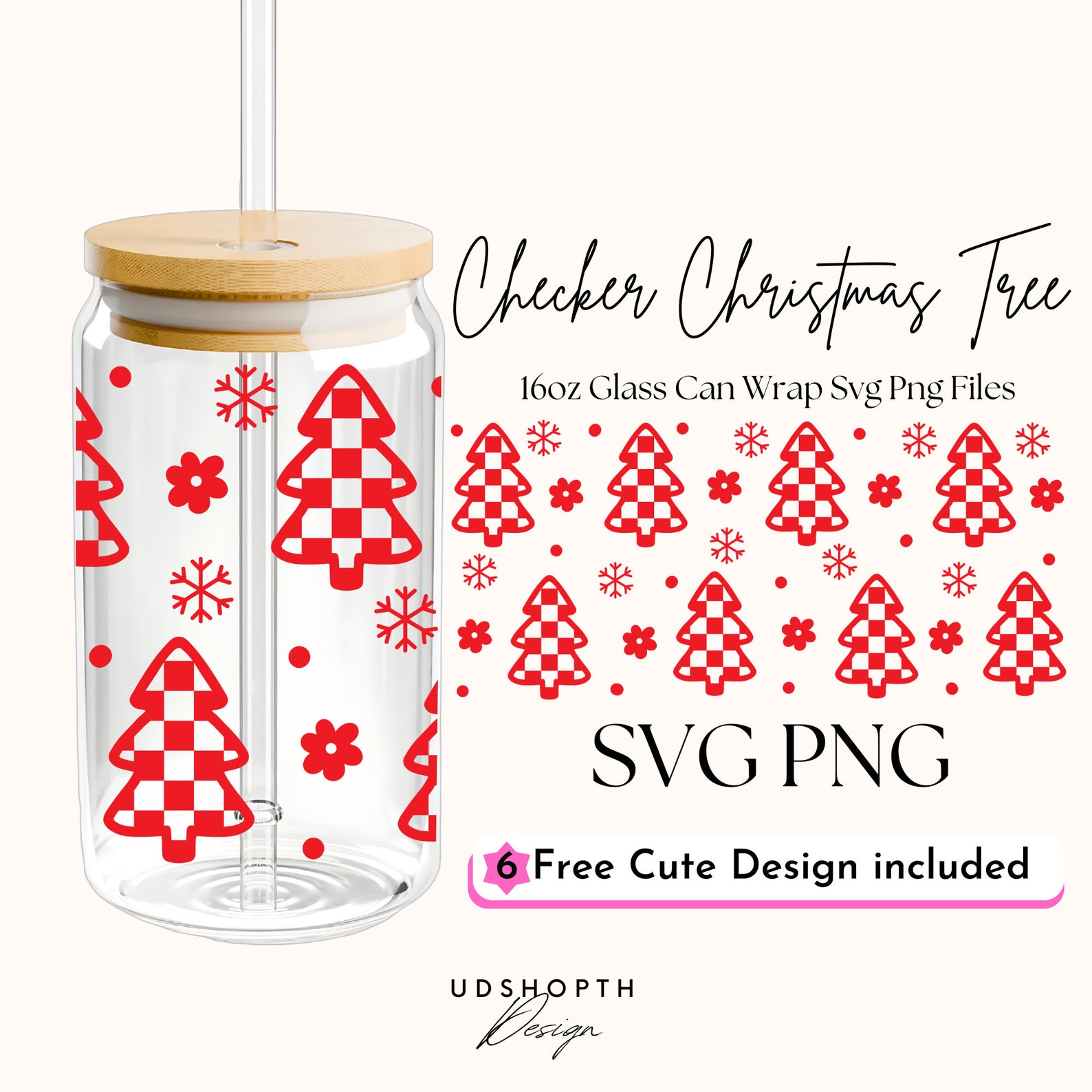 Checker Christmas Tree Iced Coffee Cup 16oz Glass Cup Svg, Retro ...