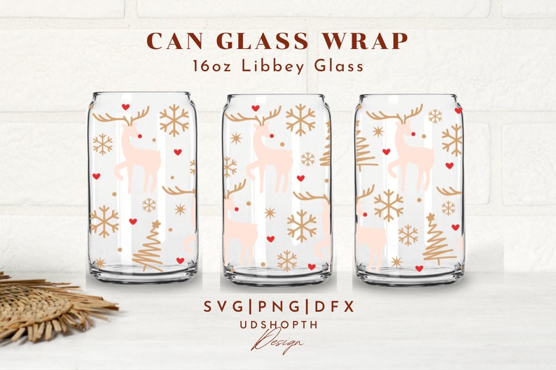 Christmas Reindeer With Christmas Tree Can Glass Svg, 16oz Libbey Full ...