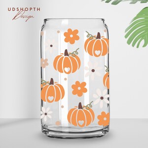 Fall Pumpkin 16oz Libbey Glass Can Svg, Pumpkin and Flower Glass Cup ...