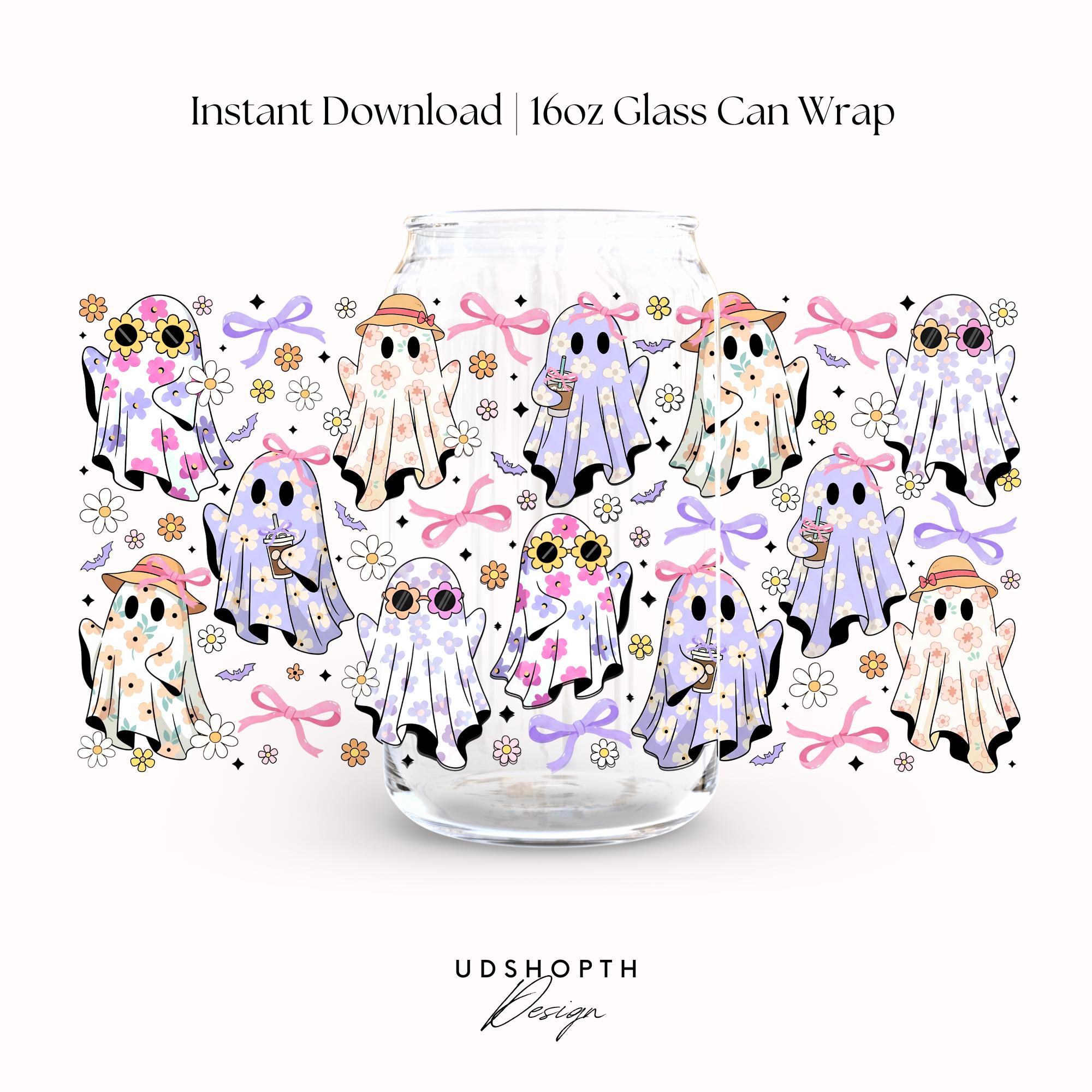 Preppy Ghost Glass Can Wrap PNG, Cute Floral Ghosts With Bows, 16oz ...