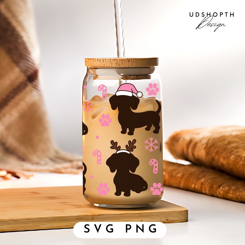 Christmas Dachshund Iced Coffee Cup 16oz Glass Cup Svg, Cute Christmas ...