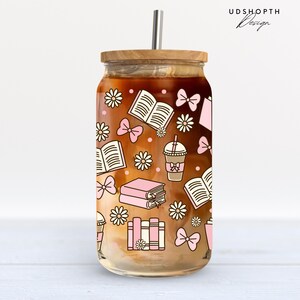 Bookish Girly 16oz Glass Can Wrap Png, Books Coffee Glass Can, Girly ...