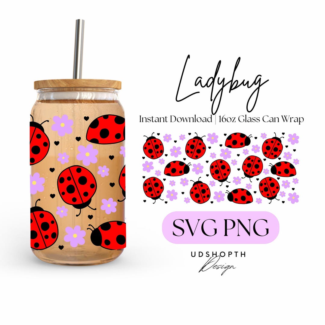 Ladybug SVG, 16oz Glass Can Wrap SVG, Ladybug With Flower, Spring Glass ...