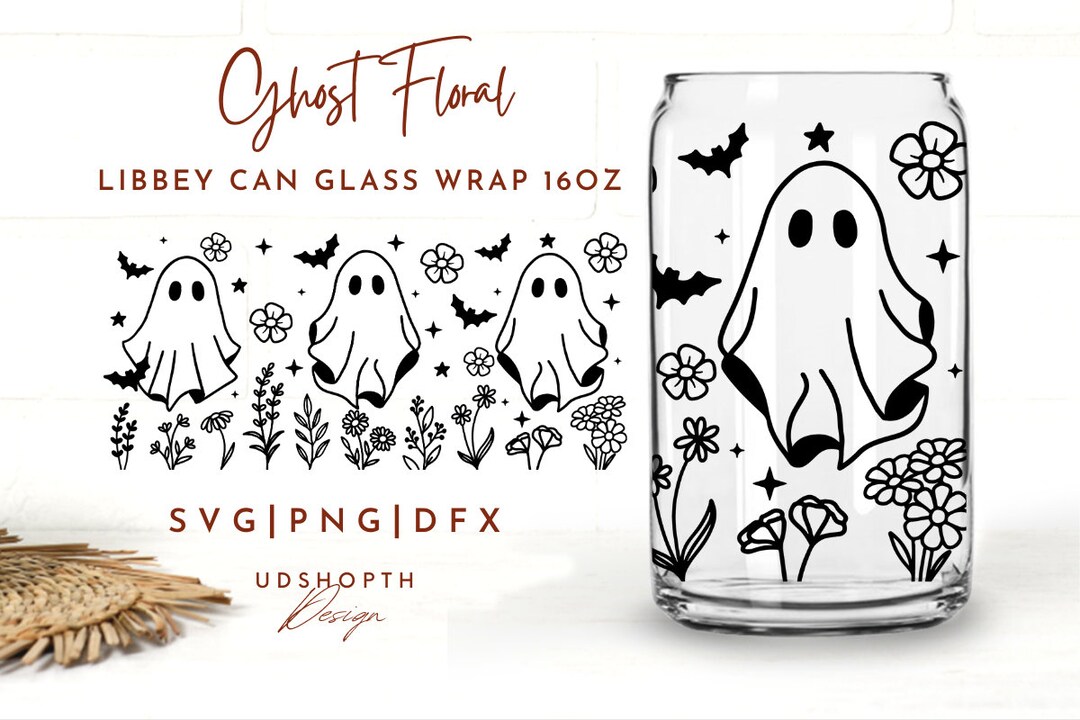 Ghost Floral Svg, Halloween Glass Can Svg, 16oz Libbey Can Glass Svg ...