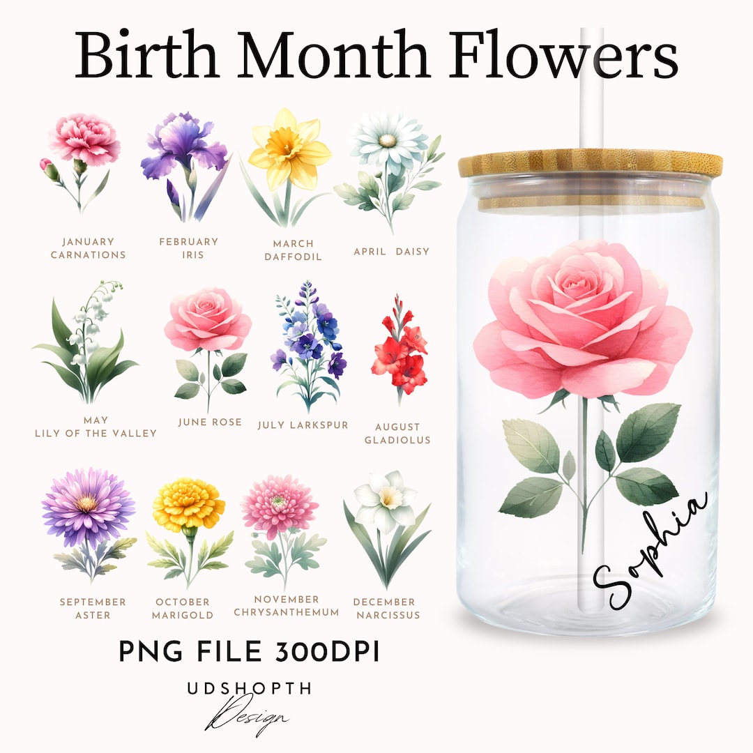 Watercolor Birth Month Flower Clipart, 16oz Libbey Wrap Png, Botanical ...