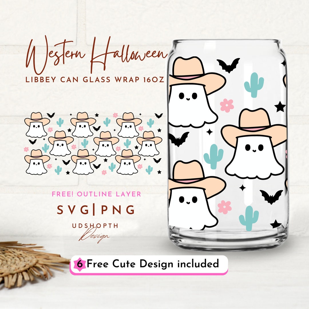 Cute Ghost 16oz Glass Can Wrap Svg, Western Halloween, Retro Halloween ...