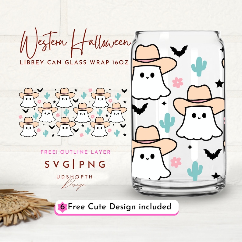 Cute Ghost 16oz Glass Can Wrap Svg, Western Halloween, Retro Halloween ...
